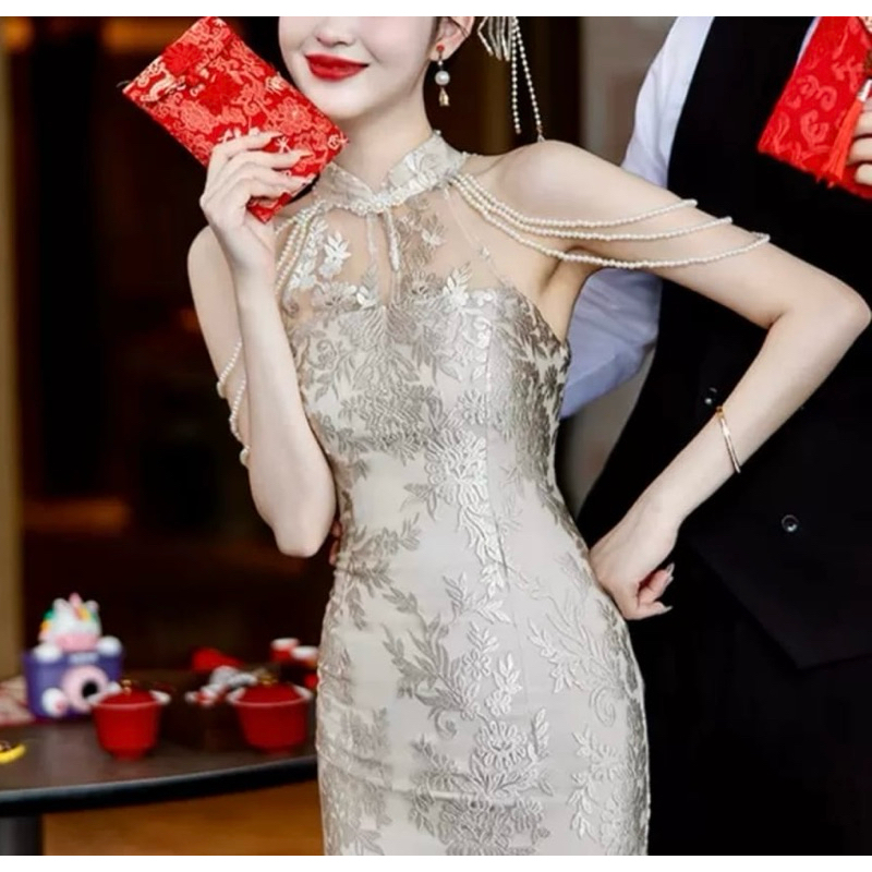 Jual Rui cheongsam | tradional chinese style dress maxi qipao gold ...