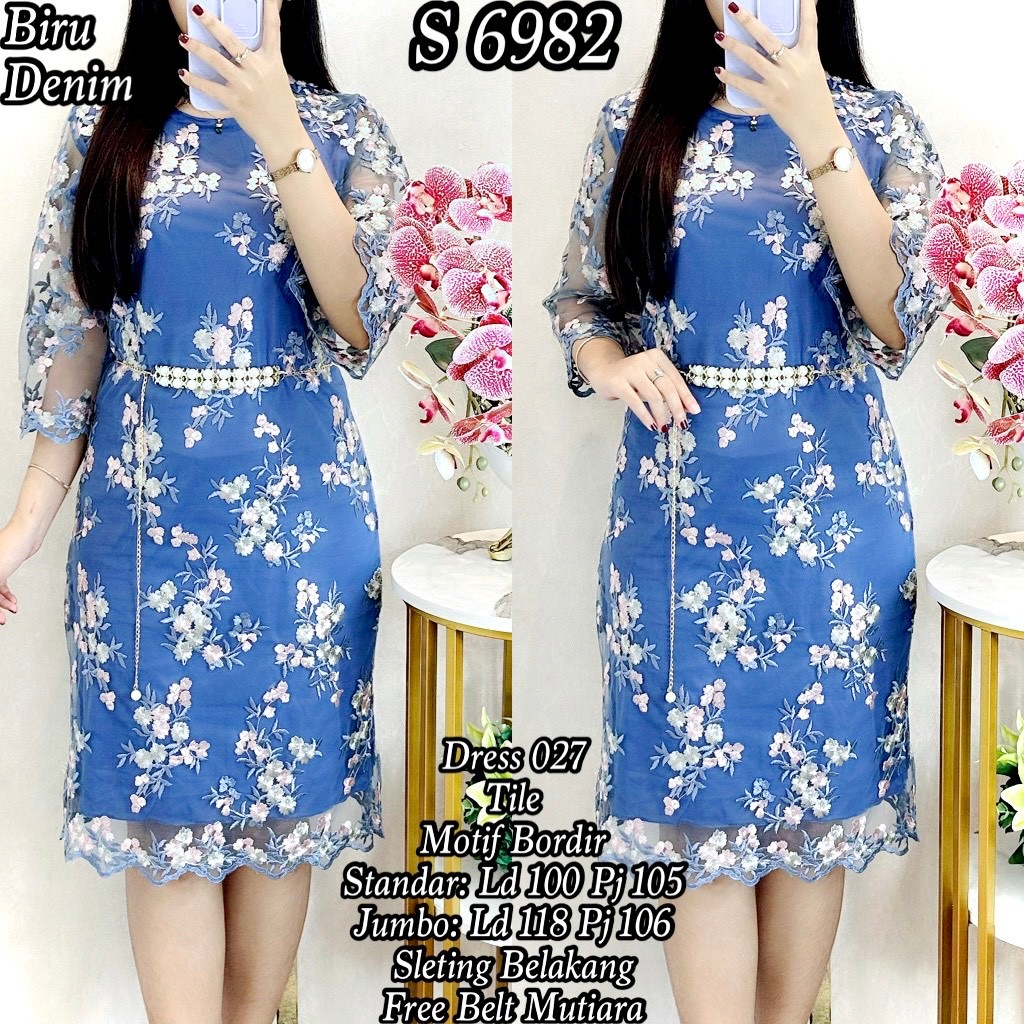 Jual 6982 #Dress Tile Bordir Bunga Span Standar-Jumbo Free Belt Mutiara ...