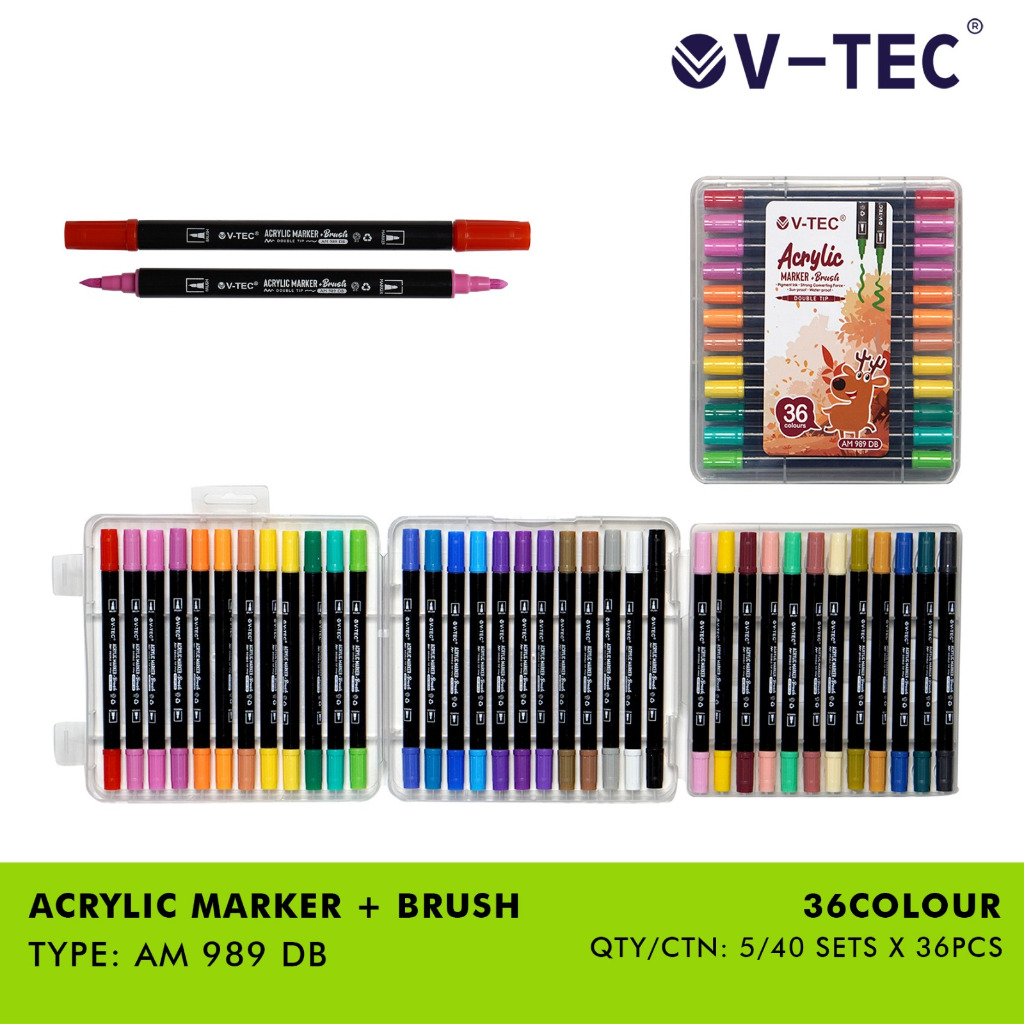 Jual ACRYLIC MARKER + BRUSH V-TEC AM989DB / 12, 24, 36 WARNA VTEC ...