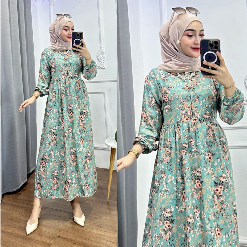 Jual Flora Midi Dress Gamis Rayon Motif Bunga Gamis Muslim Basic Wudhu ...