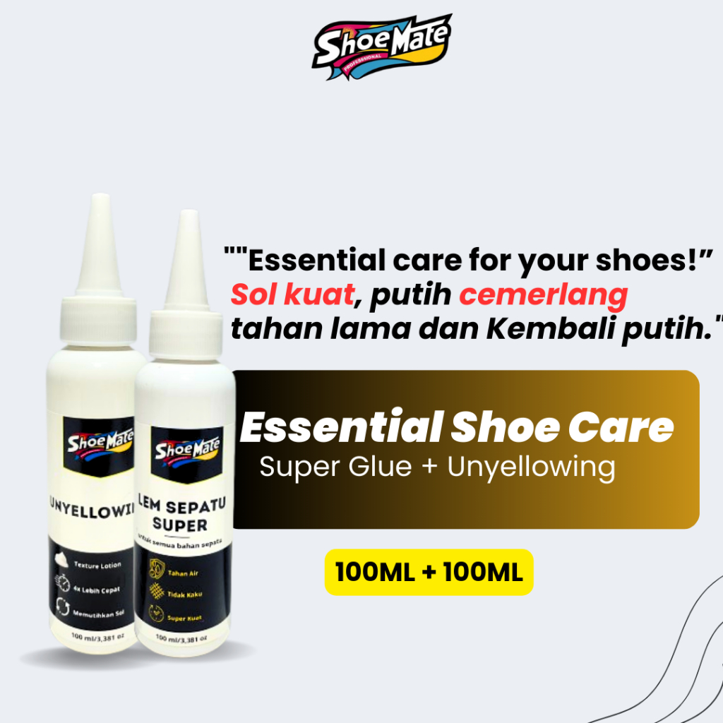Jual ShoeMate - Lem sepatu Super 100ml + Unyellowing penghilang noda kuning pada sepatu | Shopee ...