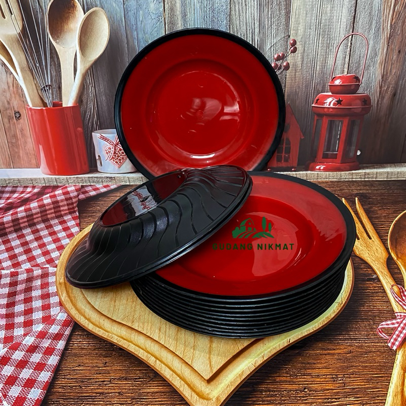 Jual 12 Pcs Piring ramen plastik merah hitam | piring makan Plastik | | Piring Murah |Piring ...