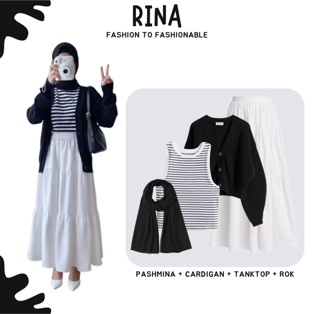 Jual Rina One Set 3in1 ( Outer Cardigan Rajut + Inner Tanktop Salur + Rok Susun Hyget + Pashmina ...
