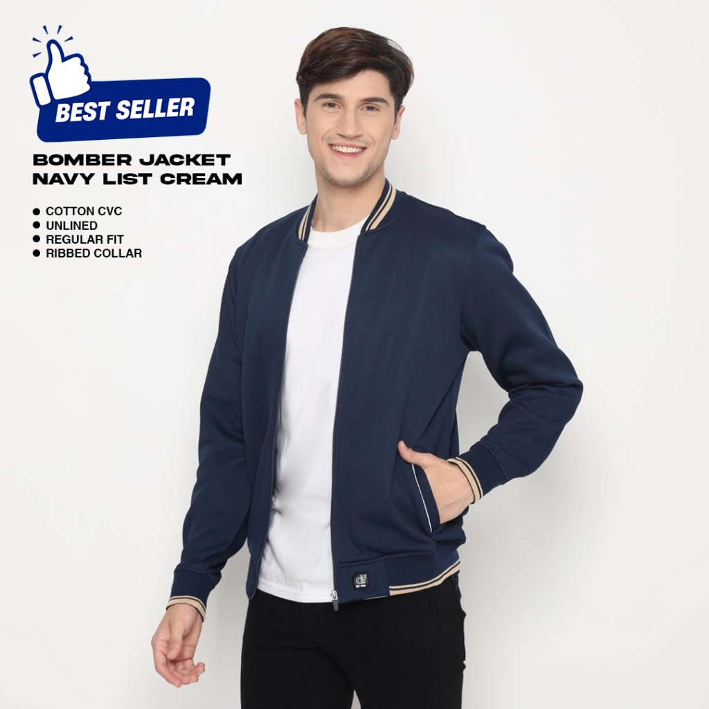 Jual d&f CVC Jaket pria Bomber - Navy list Cream | Shopee Indonesia