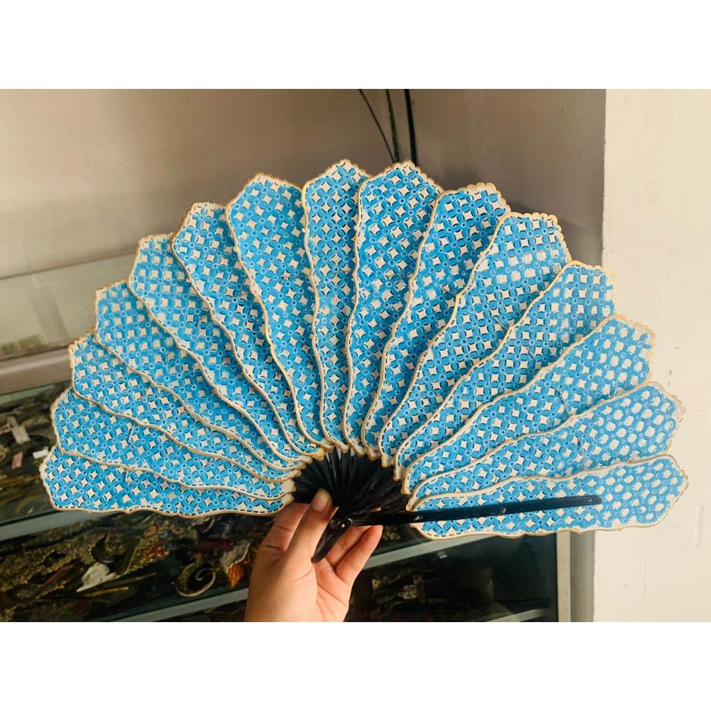 Jual Kipas Renteng Kulit Motif Batik Bunga/Biru | Shopee Indonesia