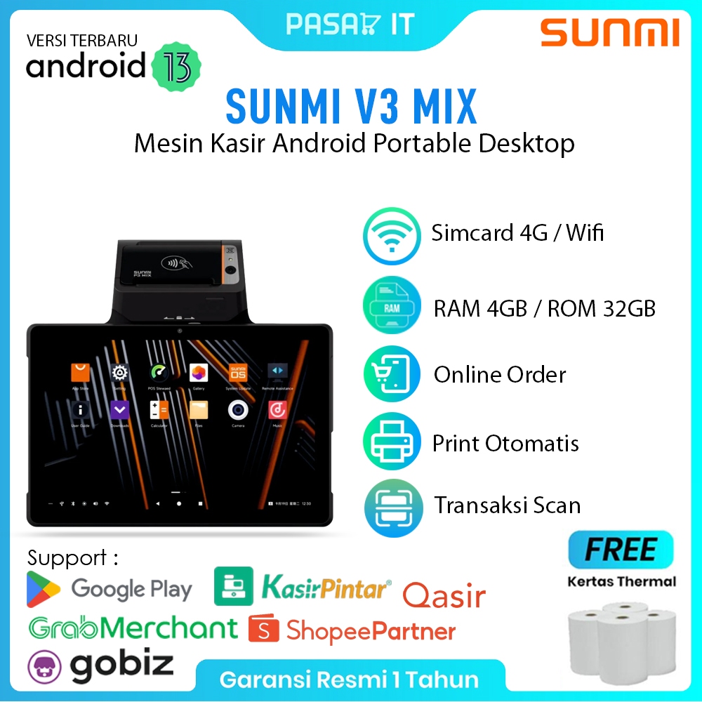 Jual Mesin Kasir Android Portable SUNMI V3 Mix 4/32GB 4G WIFI Thermal Printer Scanner Barcode ...
