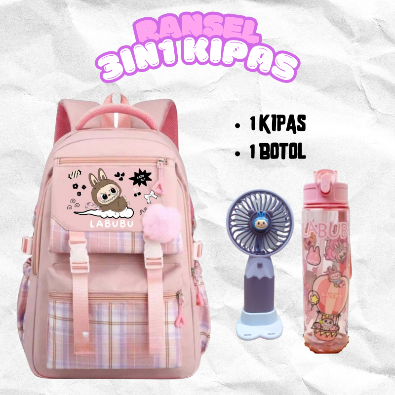 Jual Tas Ransel Sekolah Anak Perempuan SD-SMP Motif Lbubu Garis Korean 5in1 Fashion tas kuromi ...