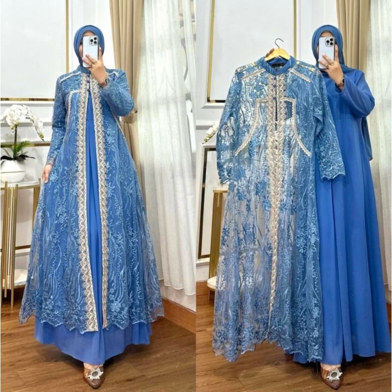 Jual Gamis Set Outer Iner Brukat Renda Denim Mewah Terbaru Fashion ...