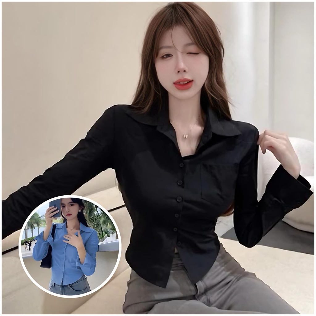 Jual JULYFASHION - Kemeja Feni Crop 01 | Atasan Kemeja Crop Korean Style Lengan Panjang (LD 90 ...