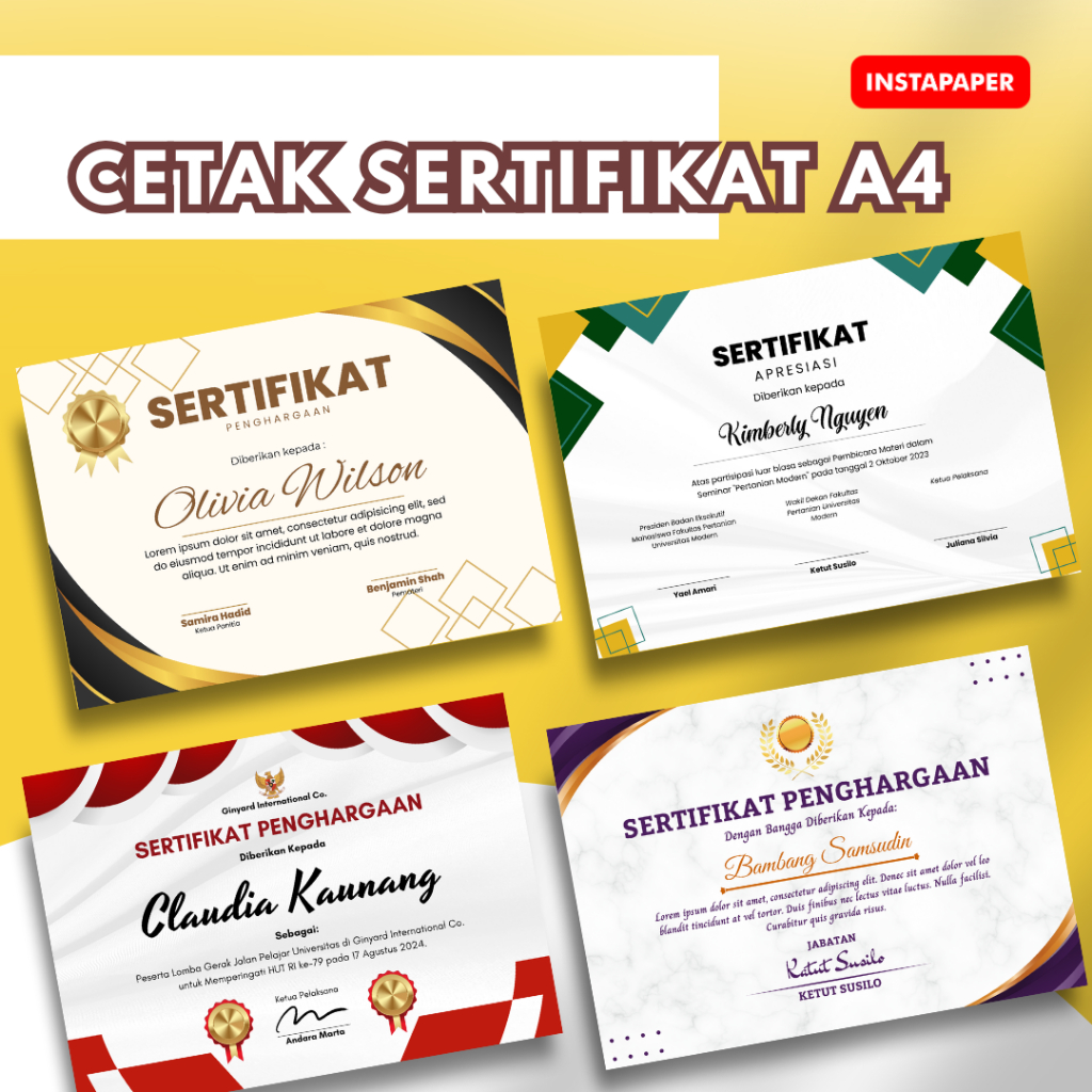 Jual Cetak Sertifikat / Piagam Custom ukuran A4 (29cm x 21 cm) | Shopee ...