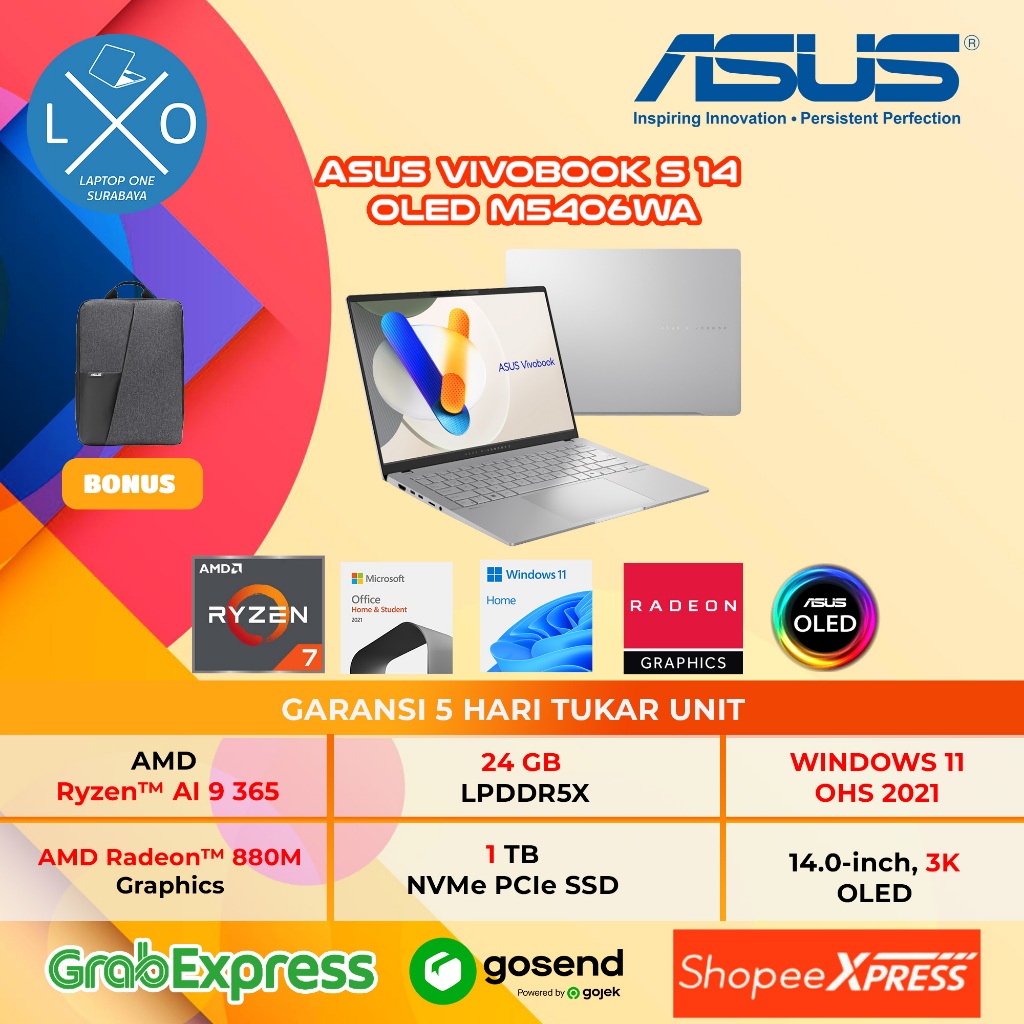 Jual ASUS VIVOBOOK S 14 OLED M5406WA RYZEN AI 9 365 24GB 1TB W11+OHS 14 ...