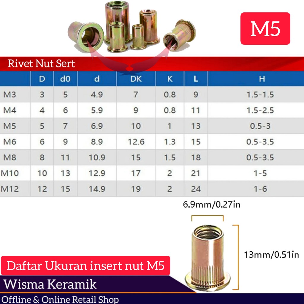 Jual M5 Mur Rivet per Pcs insert Nut mur rivet Nutsert mur tanam ...
