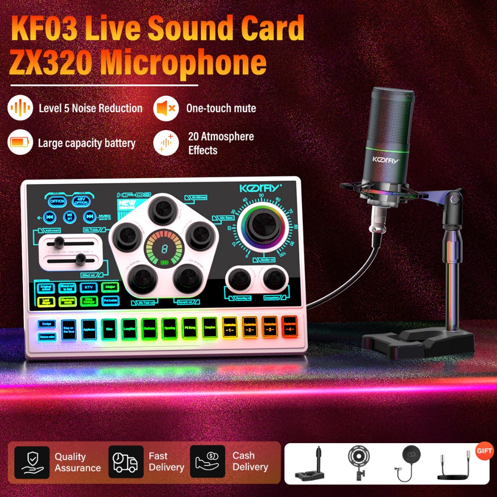 Jual KOORFLY KF03 Terbaru RGB Live Soundcard 48V Recording Live Mixer ...