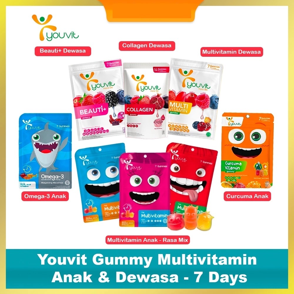 Jual Youvit Gummy Multivitamin / Curcuma / Omega-3 / Beauti+ / Collagen Dewasa dan Anak - 7 Days ...