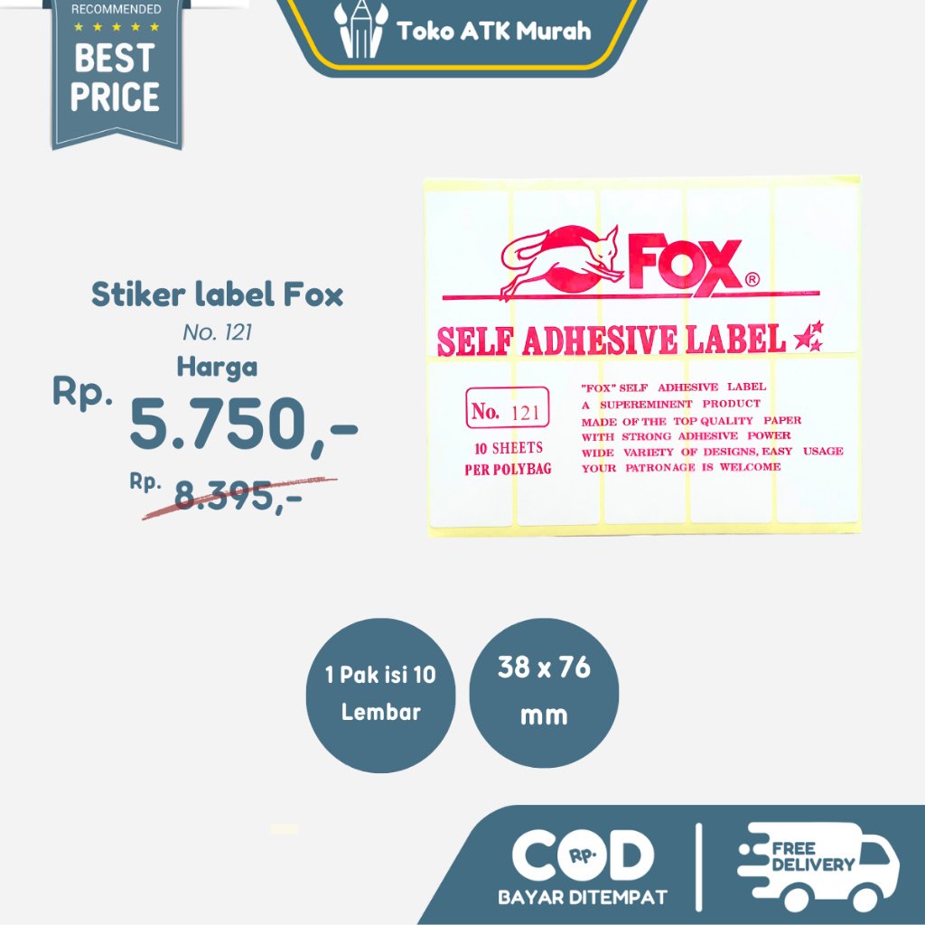 Jual Kertas / Label Stiker Fox No. 121 uk. 38 x 76 mm (Persegi Panjang ...