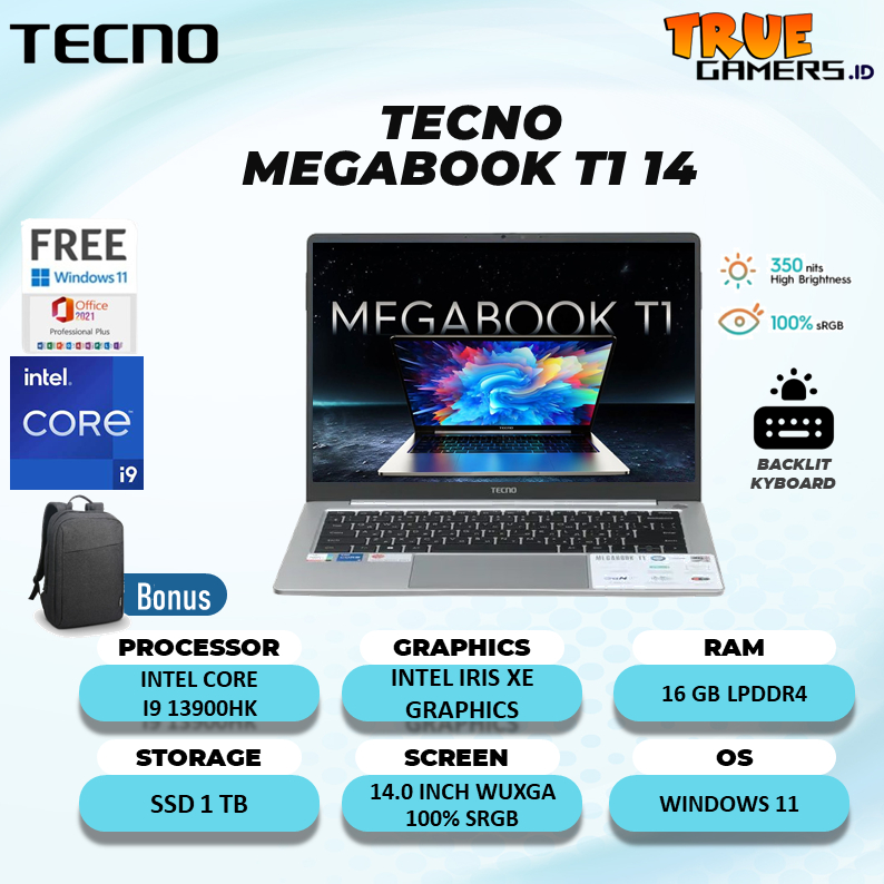 Jual Laptop Tecno MegaBook T1 14 Intel i9 13900HK 16GB 1TB 14.0WUXGA 100SRGB 75WH Resmi 2 Tahun ...