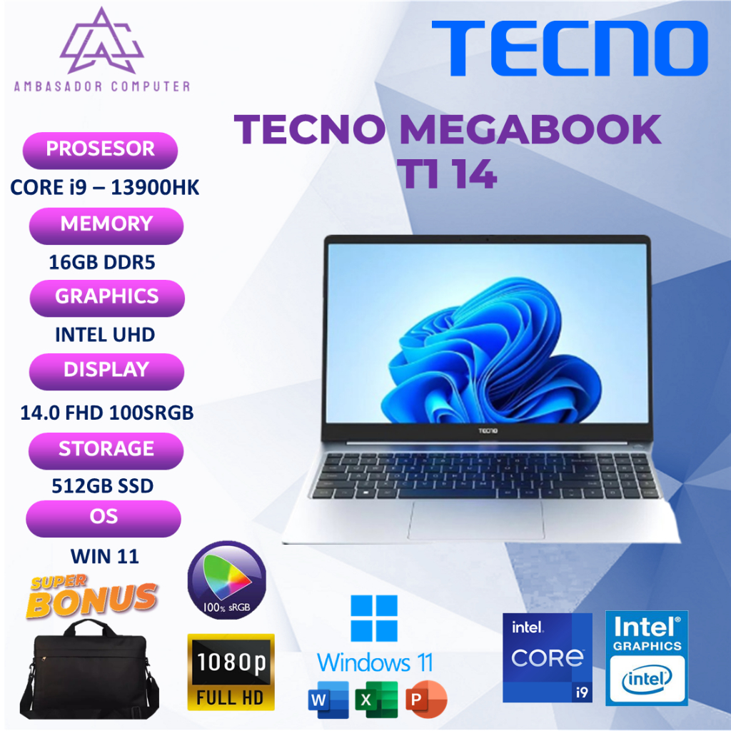 Jual Tecno Megabook T1 14 I9 13900HK 16GB 512GB 100SRGB 75WH Windows11 IPS | Shopee Indonesia