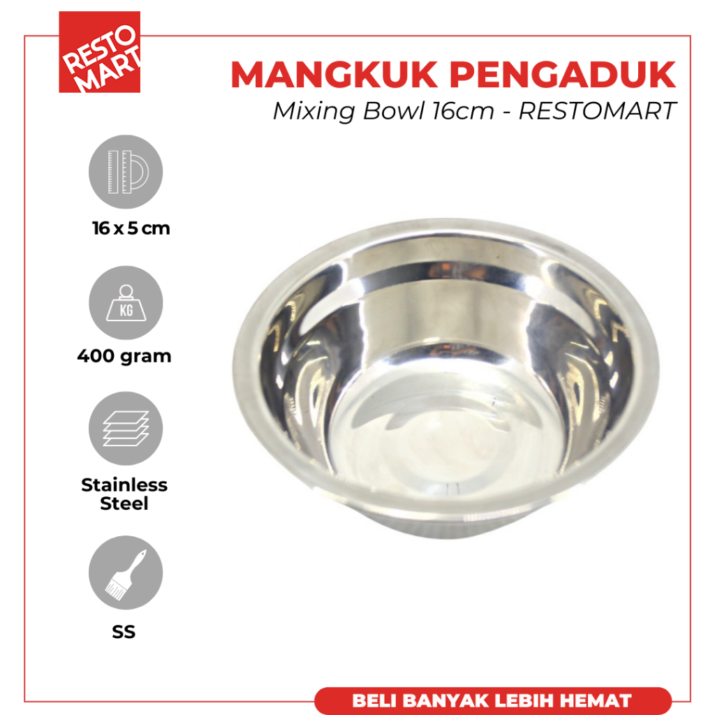 Jual Mixing Bowl 16 cm RESTOMART Stainless Steel (2611019) (F12 ...