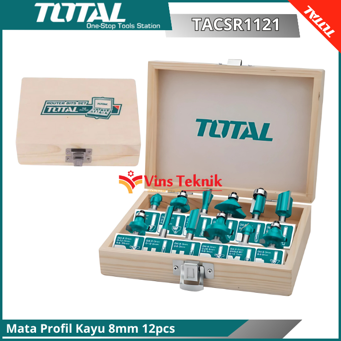 Jual TOTAL Router Bits Set 8 mm Mata Profil Kayu 12pcs TACSR1121 ...