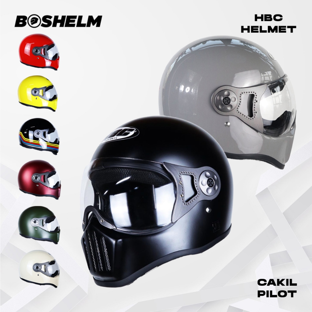 Jual BOSHELM Helm Cakil Pilot HBC HITAM DOFF Helm Retro Full Face SNI ...