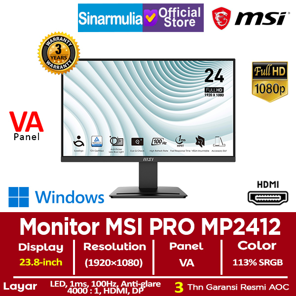 Jual Monitor LED MSI PRO MP2412 23.8" FHD VA 100Hz 1ms 100%sRGB ...