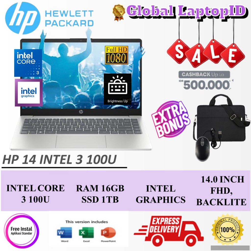 Jual NEW Laptop HP 14 Intel Core 3 100U RAM 16GB SSD 1TB 14" FHD ...