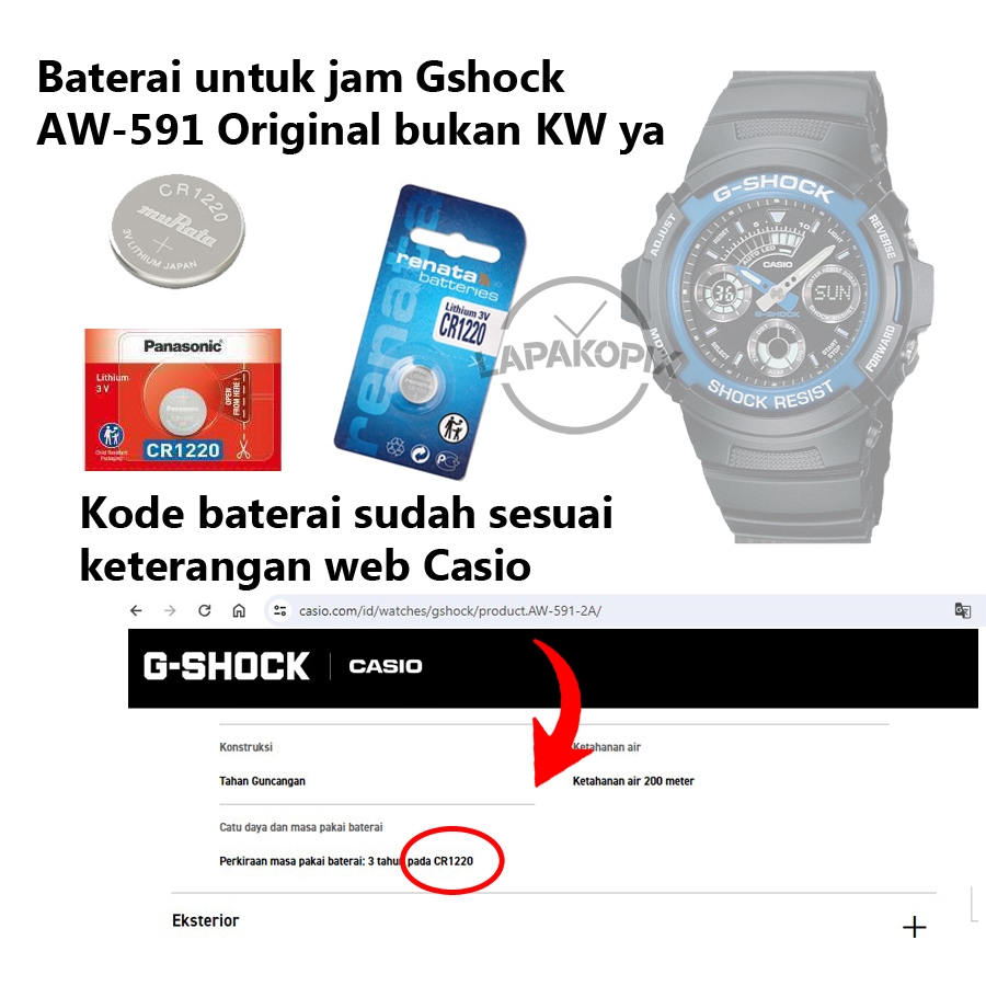 Jual Baterai Jam Tangan Casio Gshock AW-591 Original Batu Batre CR1220 ...