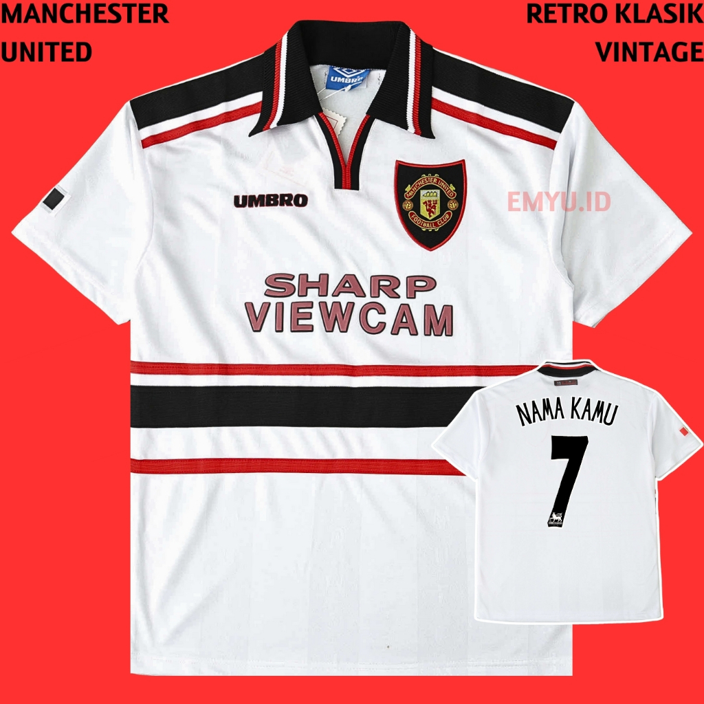 Jual Jersey Retro MU 1998 1999 Away Putih Sharp ViewCam Baju Bola ...