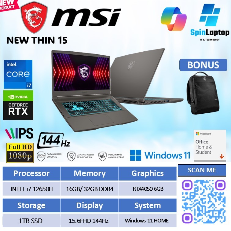 Jual MSI THIN 15 CORE I7 12650H RTX4050 6GB RAM 8GB SSD 512GB WINDOWS 11 FHD 144HZ BLIT | Shopee ...