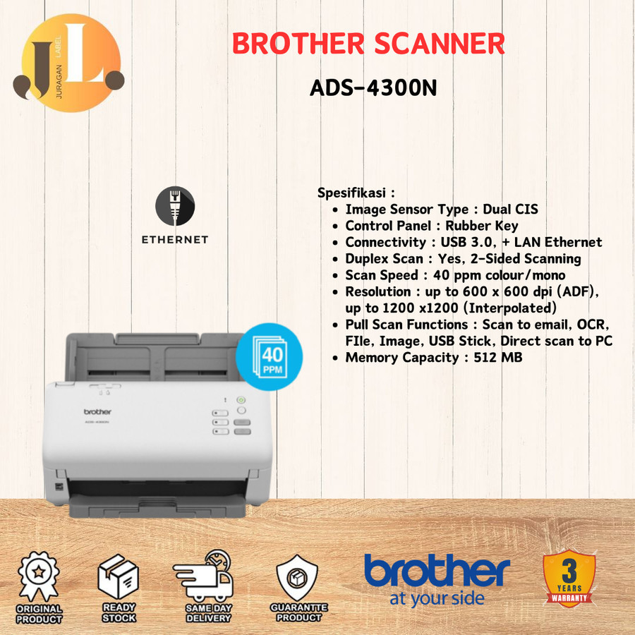 Jual Brother ADS-4300N High Speed Network Desktop Scanner Garansi Resmi ...