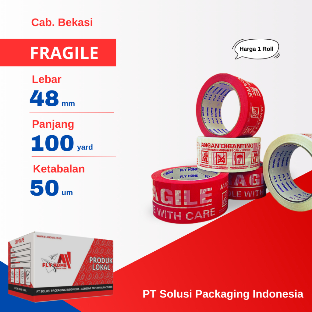 Jual FLYHOME 1Roll Lakban Fragile Merah Putih 48x100Y 2inci Uk Besar ...