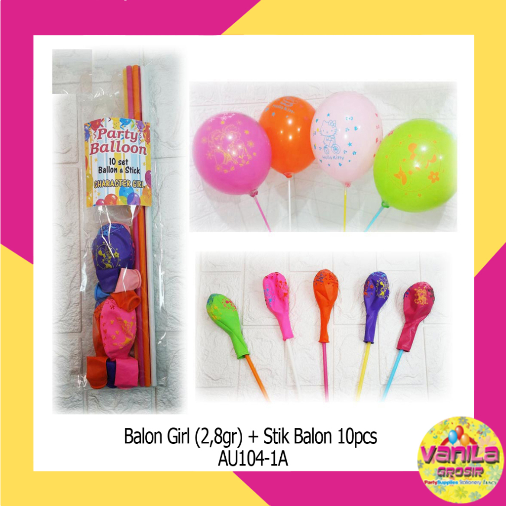 Jual (10Pcs) Stik Balon Warna + Balon Girl, stik balon+cup balon ...