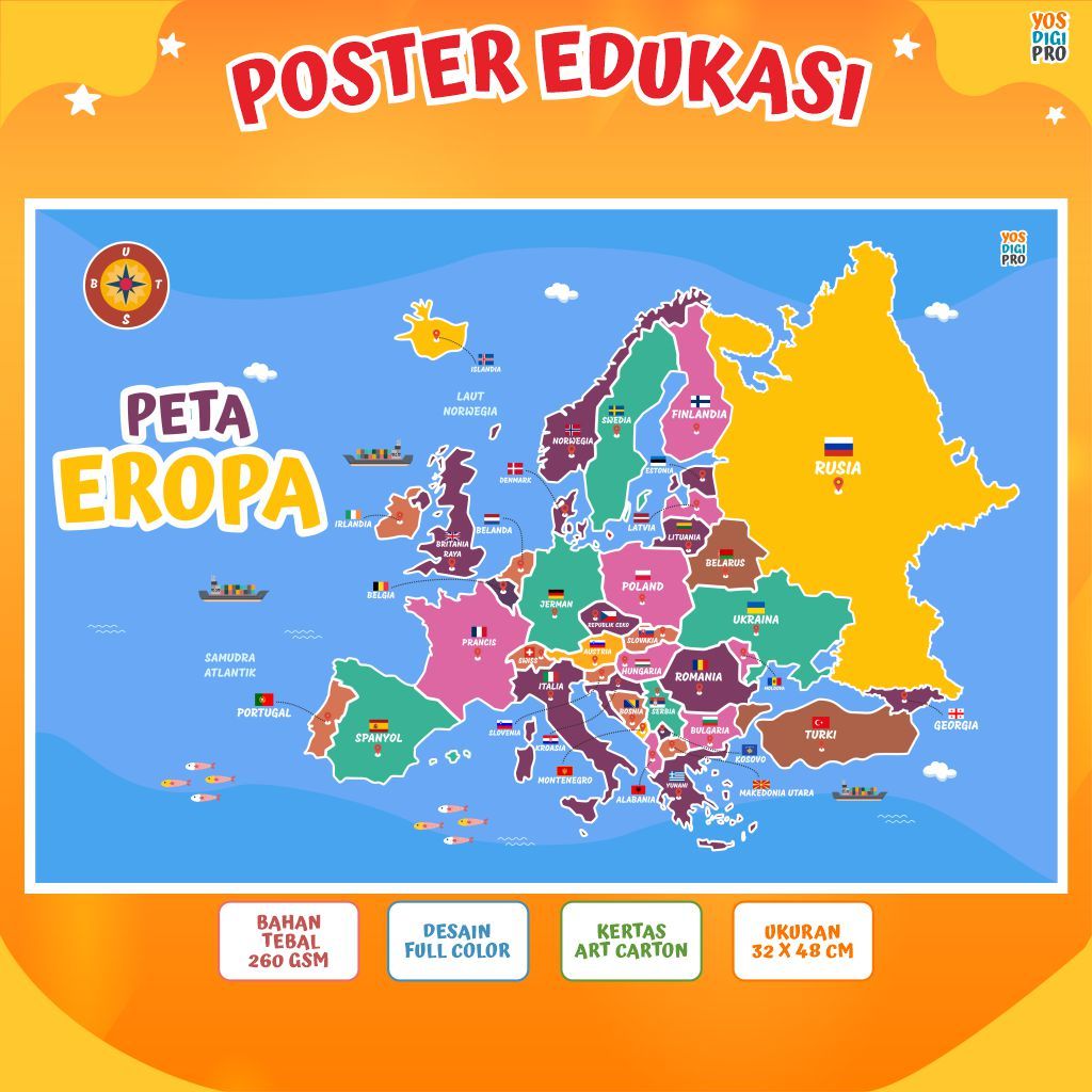 Jual Poster Edukasi Peta Eropa Untuk Pendidikan Anak Mengenal Peta ...