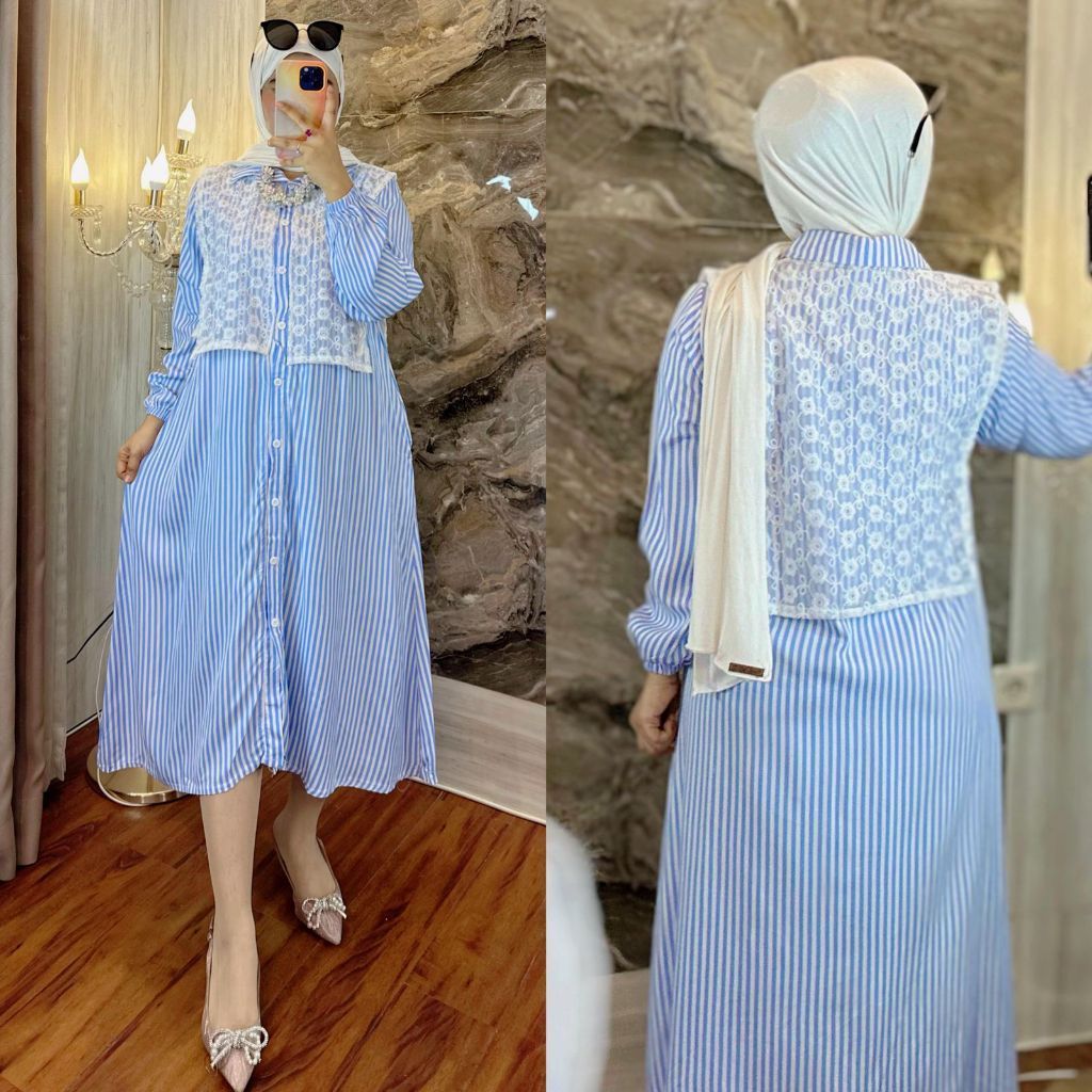 Jual Midi Salur Mix Brokat Dress Salur Kekinian Gamis wanita kekinian Midi Salur Katun Import ...