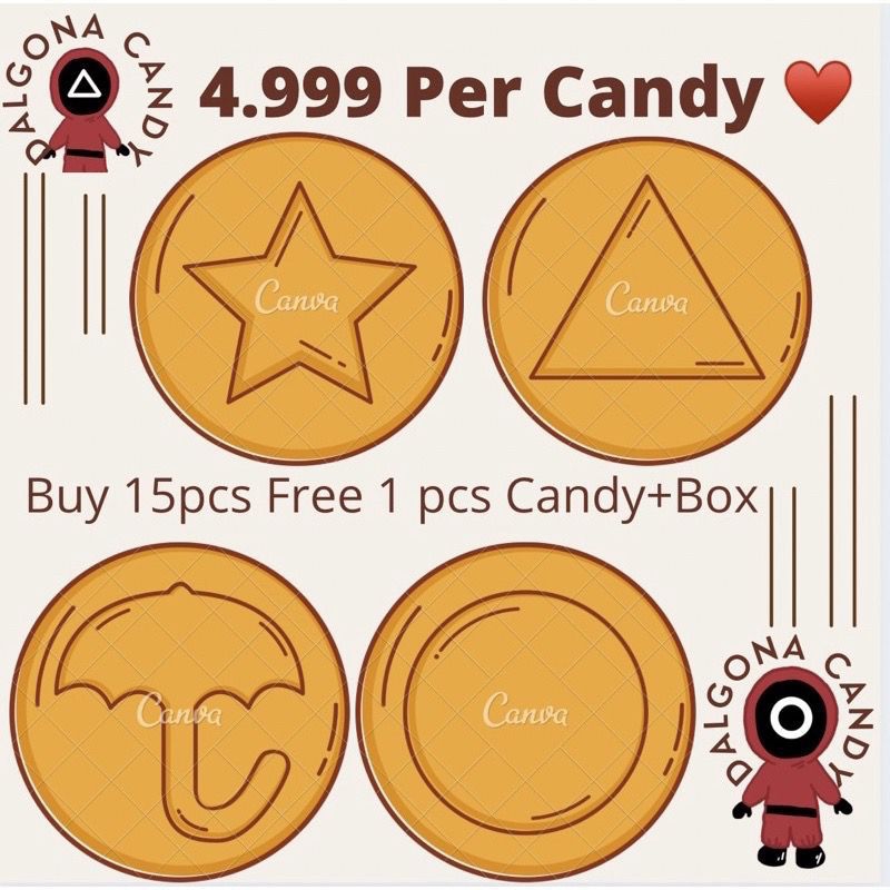 Jual Squidgame Dalgona Candy || Permen squidgame || Honeycomb candy Banyak Bentuk | Shopee Indonesia