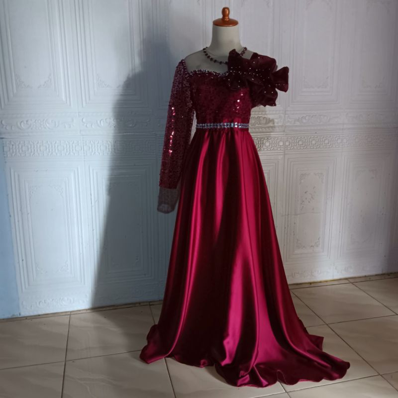 Jual Gaun Merah dengan Ruffle Lengan Panjang | Shopee Indonesia