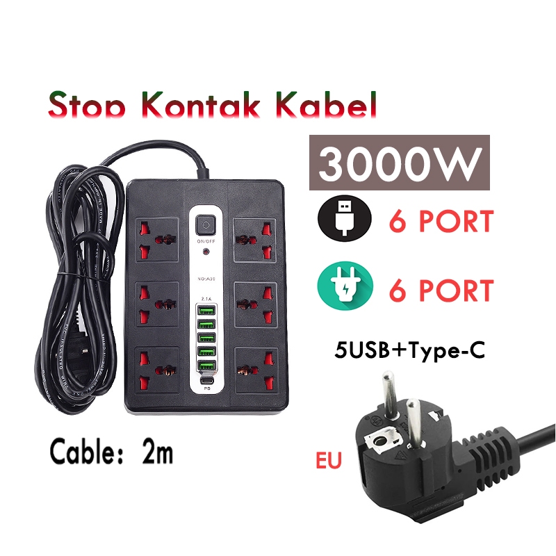 Jual Stop Kontak USB Stop Kontak Kabel 3000W Serbaguna Multiguna Panjang 2 Meter Original Power ...