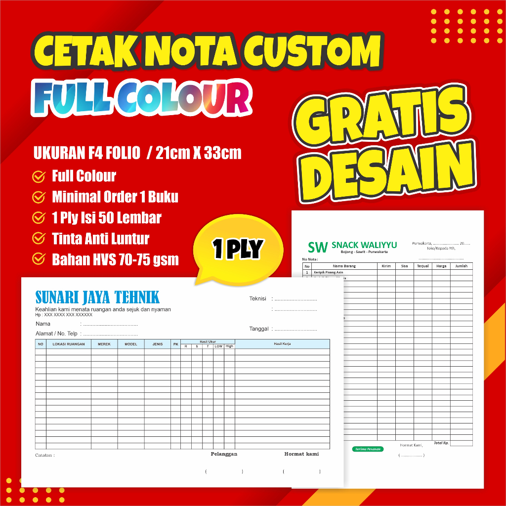 Jual Cetak Nota Full Colour 1 Ply Ukuran A4/F4, Cetak Nota Custom Nama ...