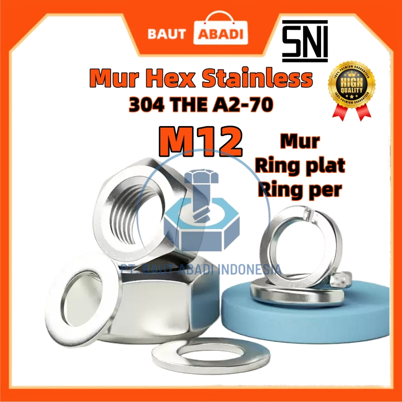 Jual Mur Hex Stainless Steel M12 SS 304 THE A2-70 / Ring plat SUS 304 ...