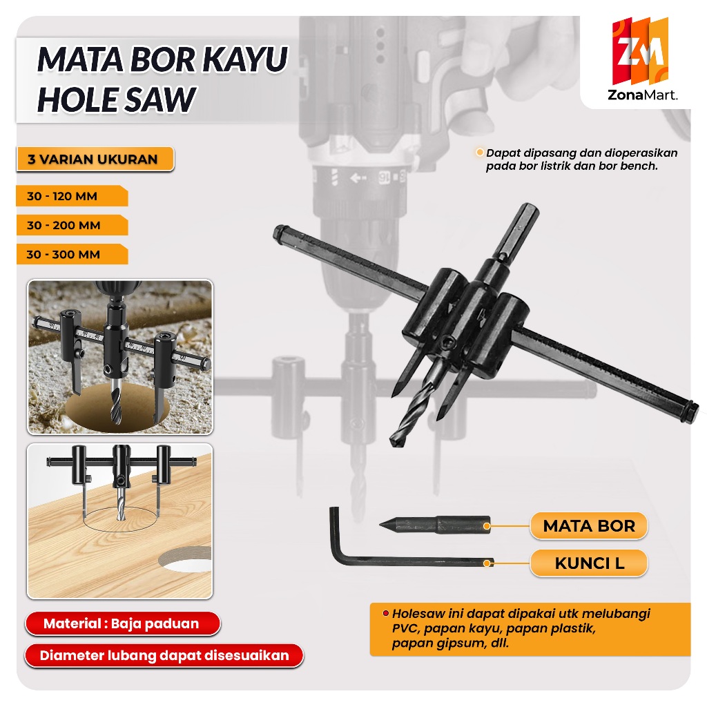 Jual Mata Bor Kayu Hole Saw Jangka/Circle Hole Saw Cutter Wood Drill ...