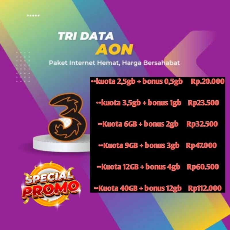 Jual paket data Kuota Tri 3 Three Aon|kuota three 3 tri aon termurah | Shopee Indonesia