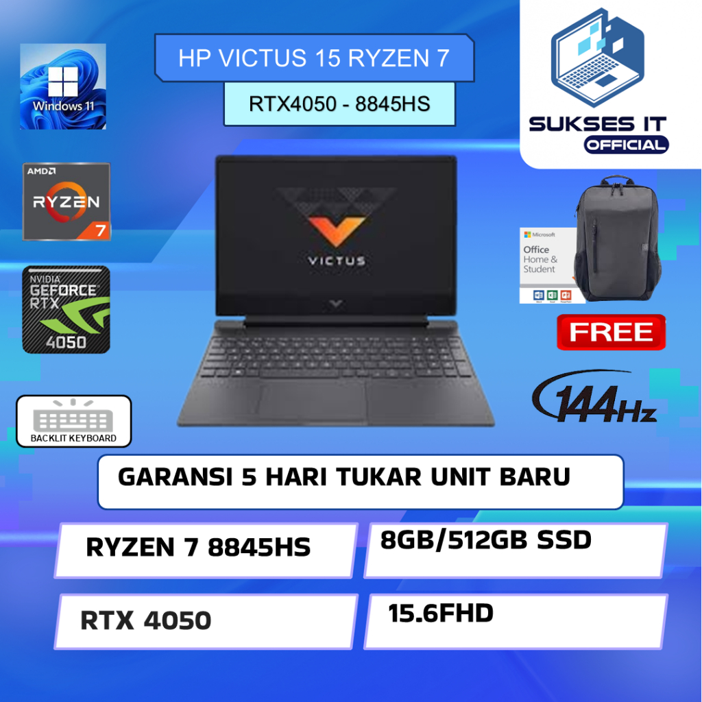 Jual HP VICTUS 15 RYZEN 7 8845HS RTX4050 6GB/ 8GB 512GB W11+OHS 15.6FHD ...