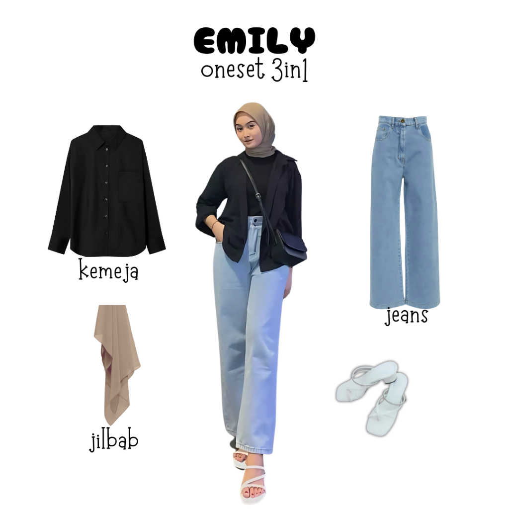 Jual oneset 3in1 kemeja hitam celana jeans kulot highwaist jilbab bella ...
