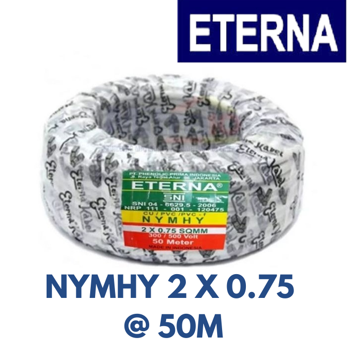 Jual ETERNA KABEL LISTRIK SERABUT PUTIH NYMHY 2X0.75 PER ROLL @ 50M (K) | Shopee Indonesia