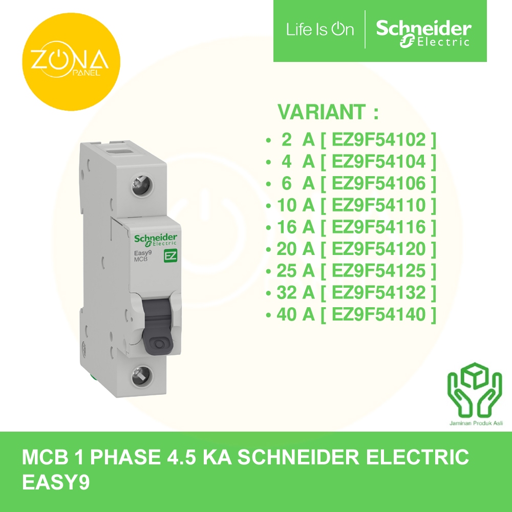Jual MCB SCHNEIDER EASY9 4.5KA 1 PHASE 1P 2A 4A 6A 10A 16A 20A 25A 32A 40A EZ9F54102 EZ9F54104 ...
