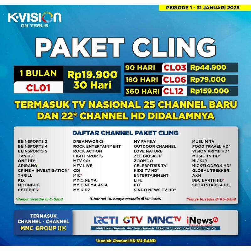 Jual Paket Cling K vision 30/60/90/180 Hari CL01 CL06 MNC | Shopee ...