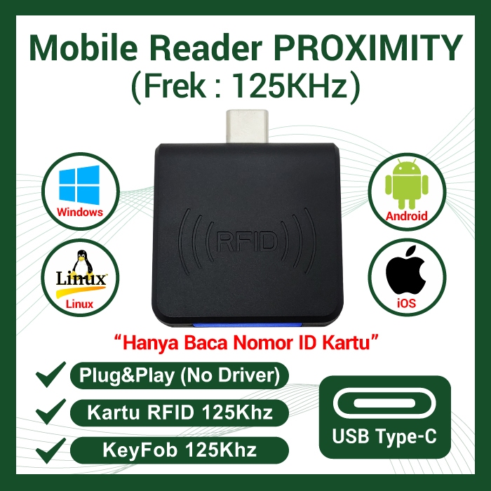 Jual Mobile Reader RFID PROXIMITY Card 125KHz Port USB Type-C No Driver ...