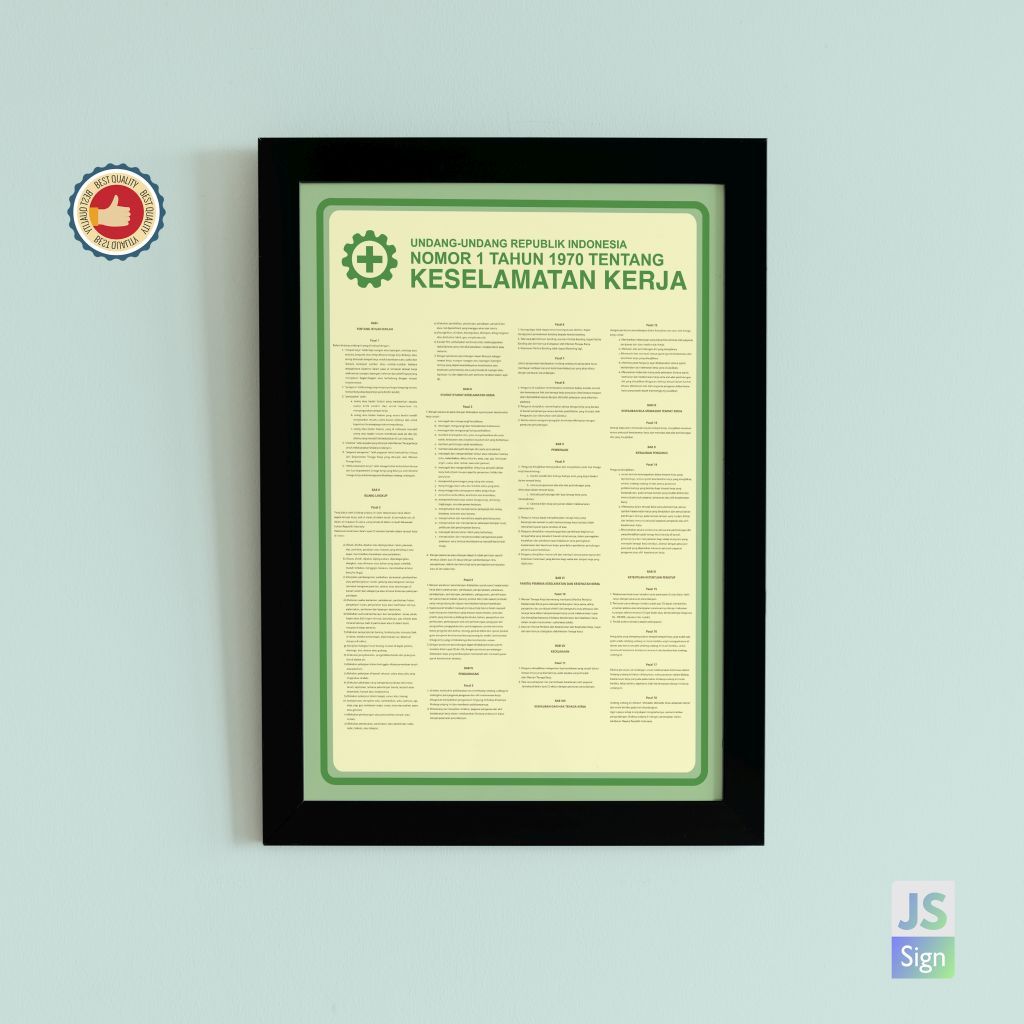 Jual Poster Safety K3 Keselamatan Kerja UU no.1 tahun 1970+Frame Ukuran ...