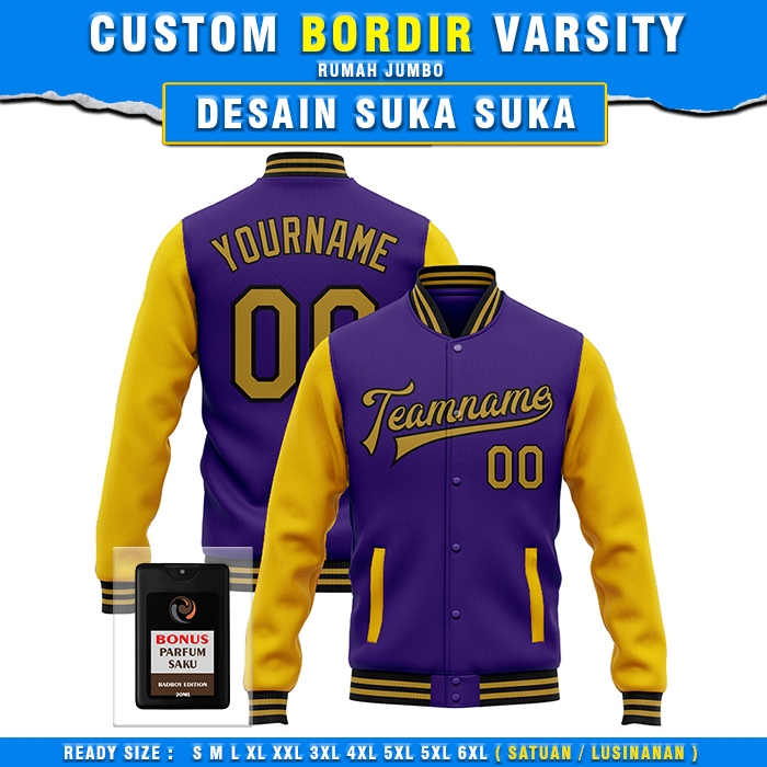 Jual Jaket Varsity Custom Bordir satuan UNGU KUNING jaket seragam ...