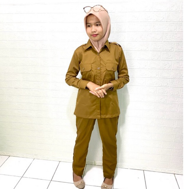 Jual Seragam Khaki Wanita Setelan PDH PNS Baju Pemda Model Saku Atas Terbaru | Shopee Indonesia